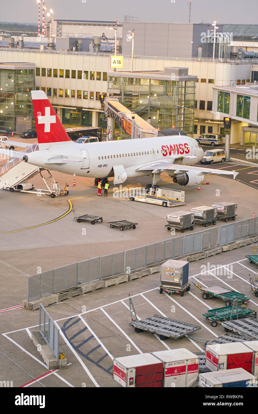 DUSSELDORF, GERMANY - CIRCA OCTOBER, 2018: Swiss aircraft on tarmac at ...