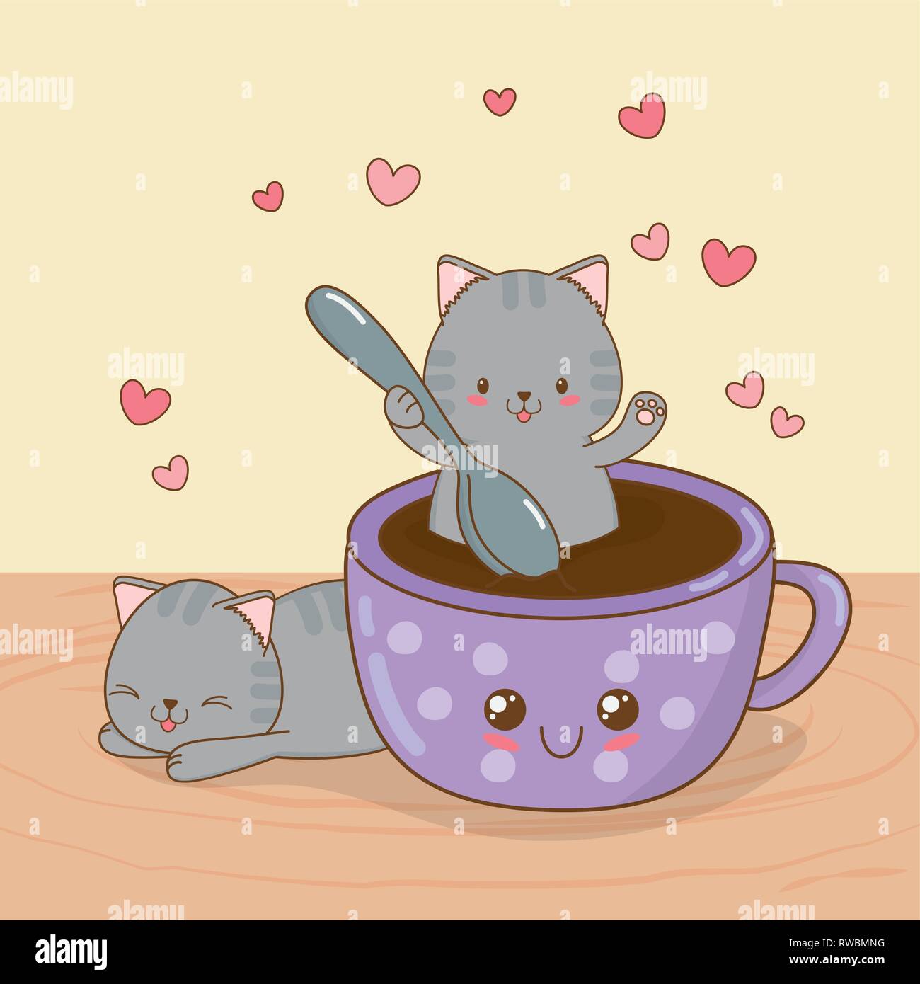 cute little cats with coffee cup kawaii characters Stock Vector Image ...