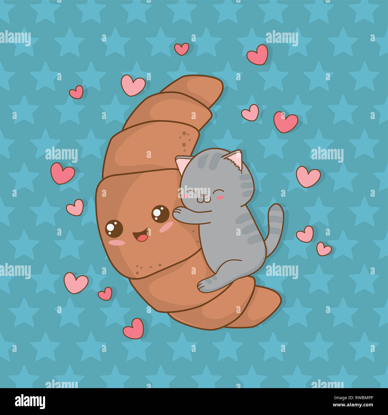cute little cat with croissant kawaii character Stock Vector Image ...