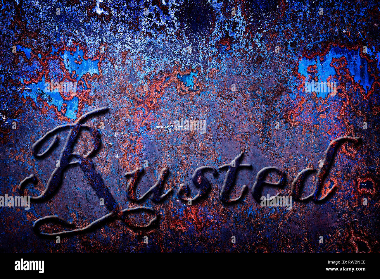 Detail of blue rusted metal plate background with rough texture graphic ...