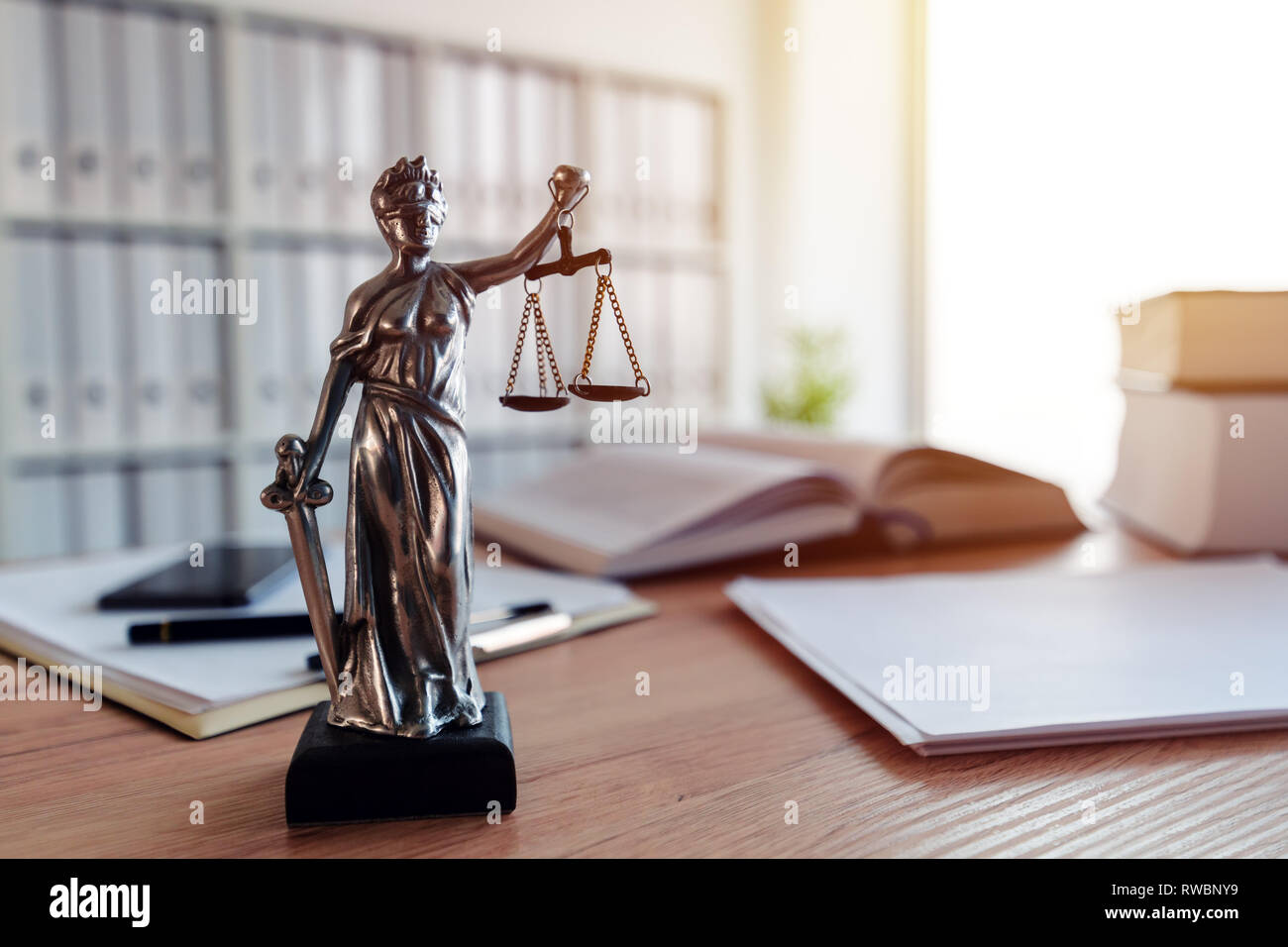 Lady Justice statue in law firm attorney office, blindfolded Justitia ...