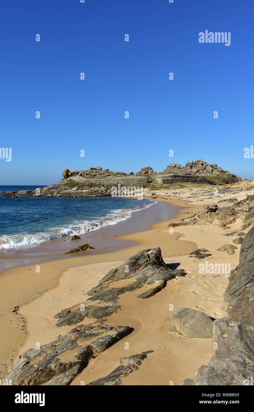 Beach and prehistoric settlement ruins. Castro de Barona, Coruna, Spain ...