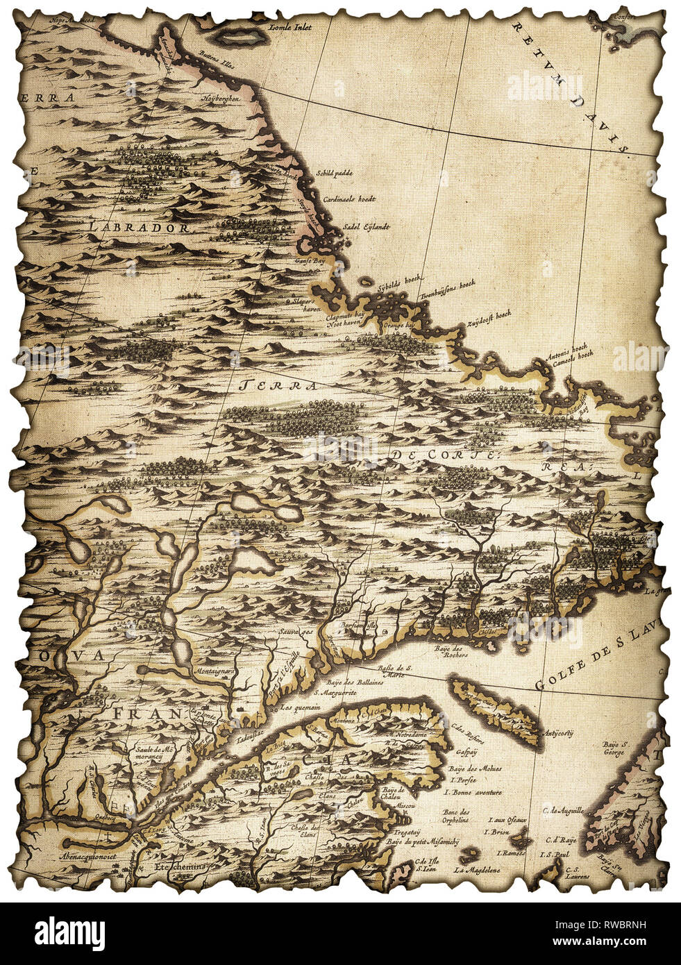 Yellowed and stained piece of old map on a white background, isolated ...