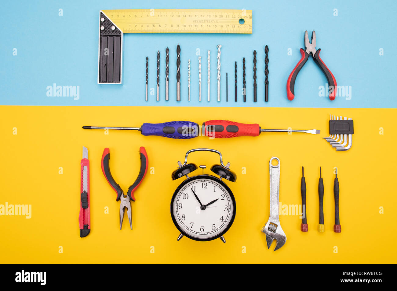 set of metalwork tools on colorful background Stock Photo - Alamy