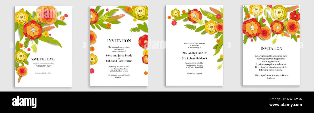Wedding invitation floral cards set. Paper cut flowers for decor ...