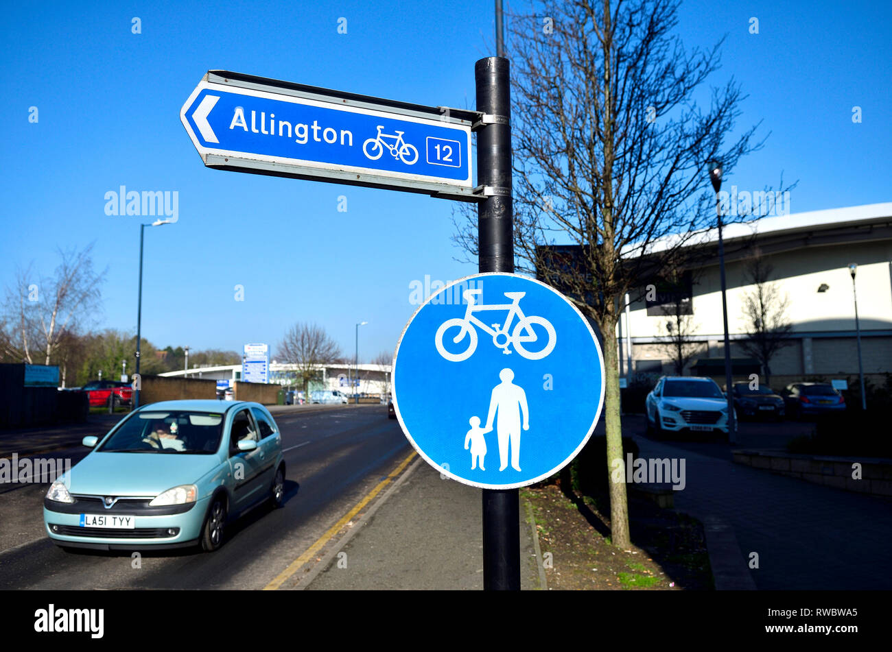 Maidstone, Kent, England, UK. Roadsigns - cycle path and pedestrians ...
