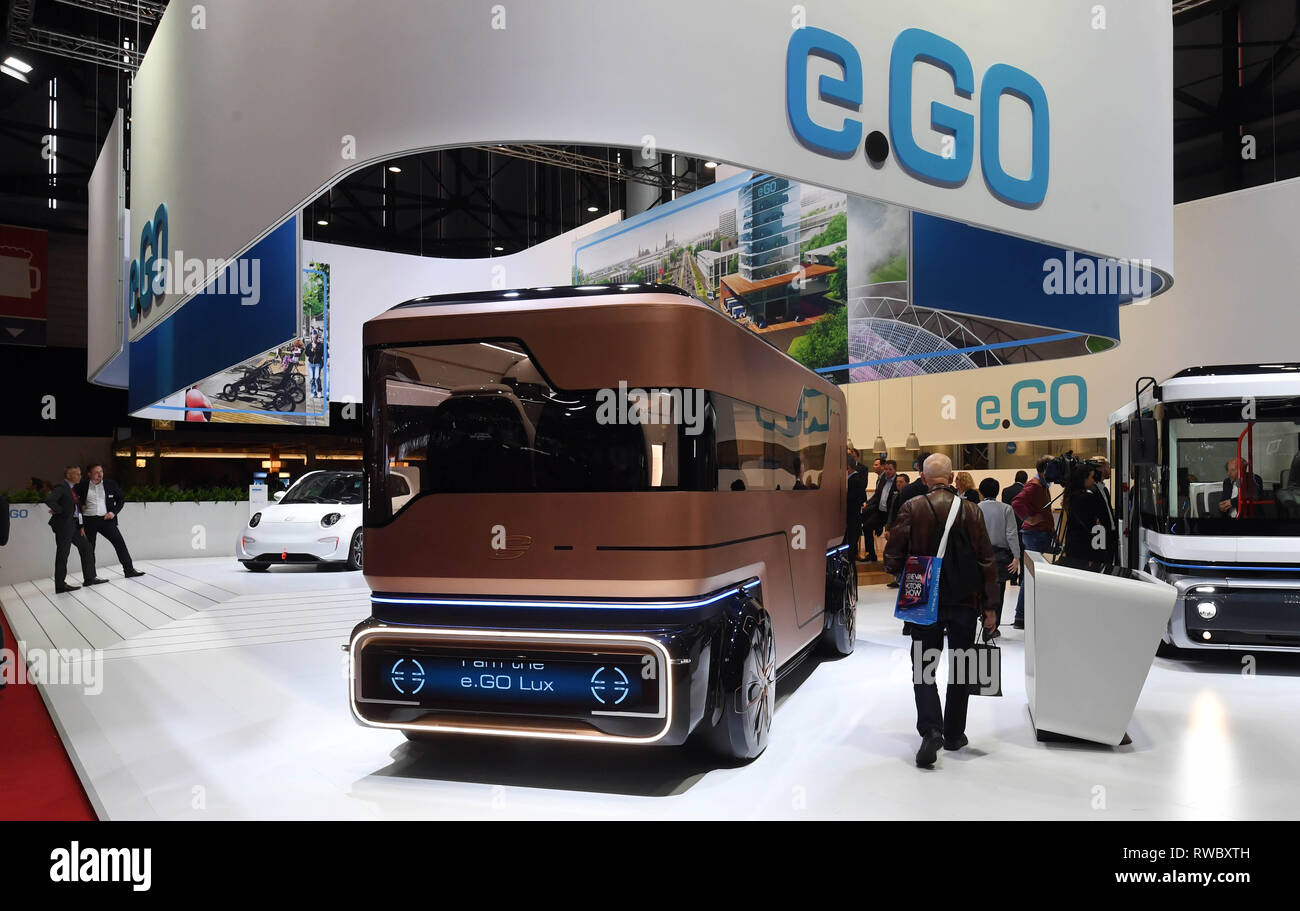 Genf, Switzerland. 05th Mar, 2019. The electric bus e.GO Lux is ...