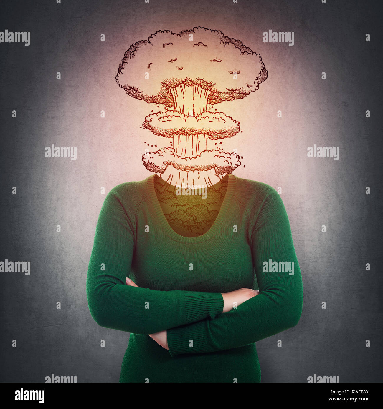 Surreal young woman head explosion, mental state problems as nuclear ...