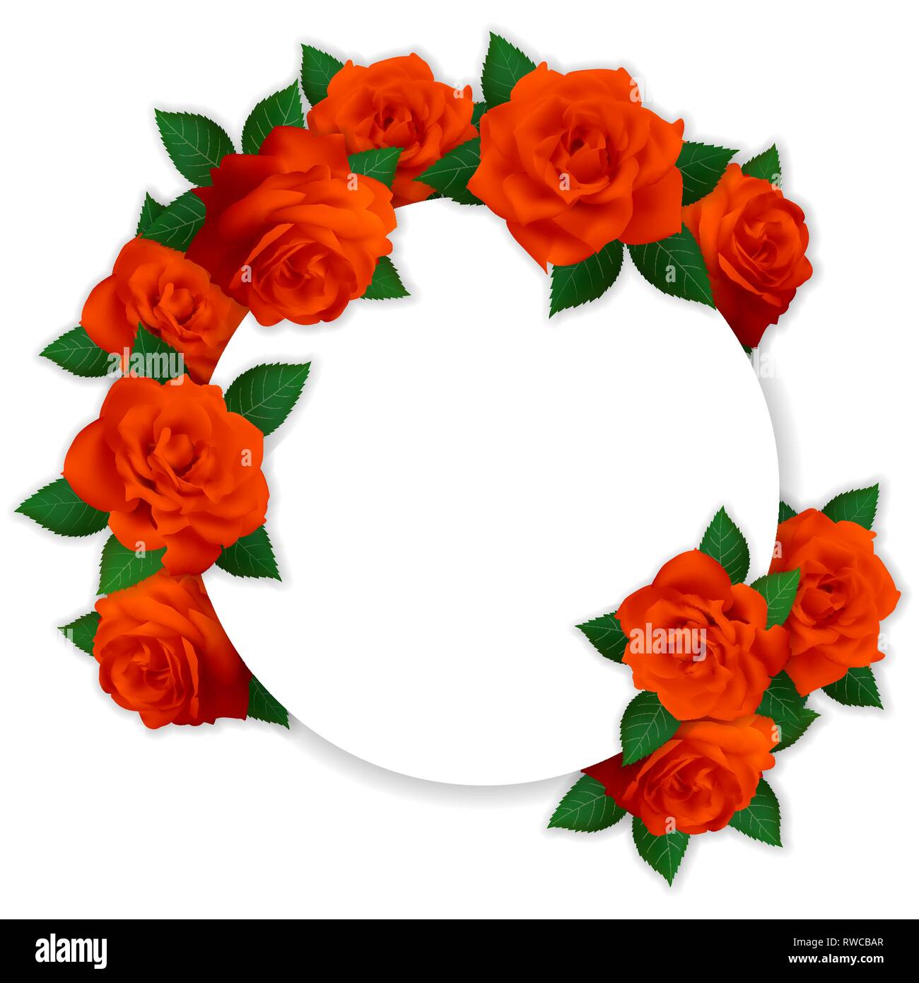 Beautiful round frame with bright red roses on the edge. Greeting card ...