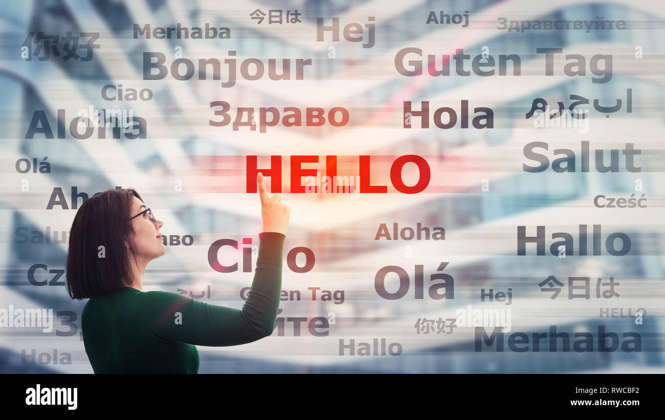 Woman student wearing glasses pointing index finger up choosing word ...