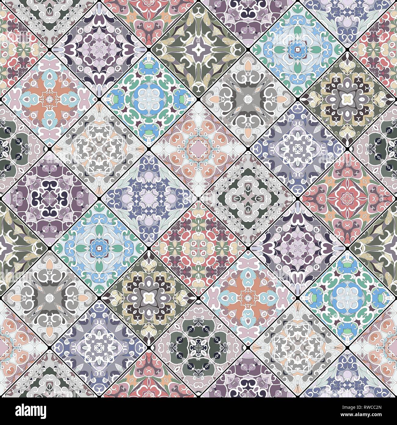 Set of seamless abstract patterns. Colorful tiles background in ...