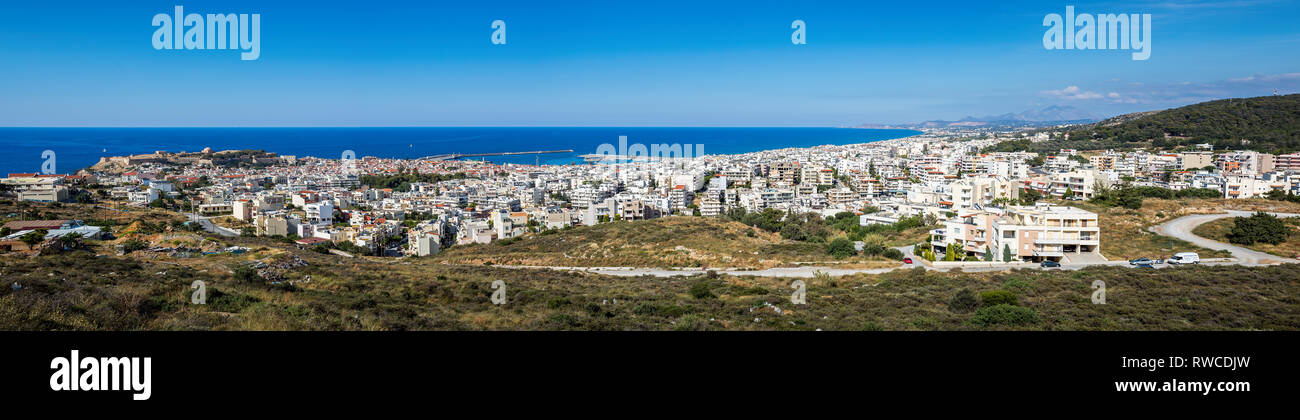 Panoramic view of Rethymnon and its castle and harbour in Crete, Greece ...