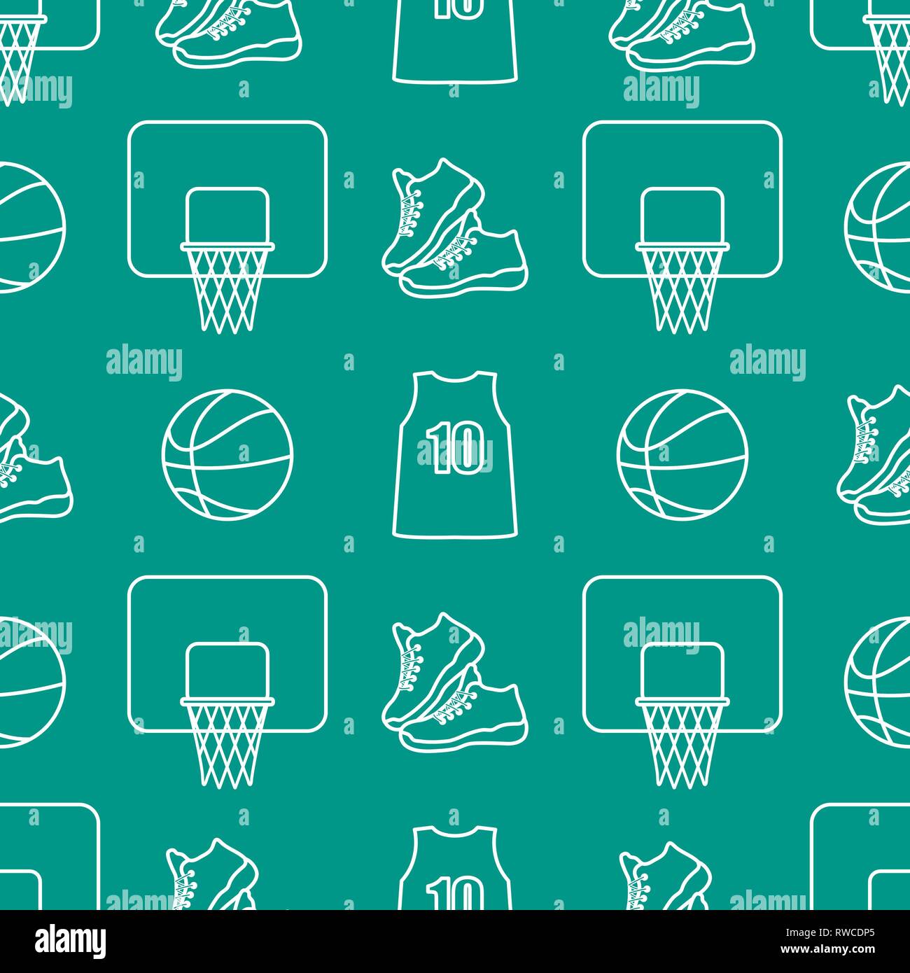Seamless pattern with basketball basket, ball, sneakers, shirt. Sports ...