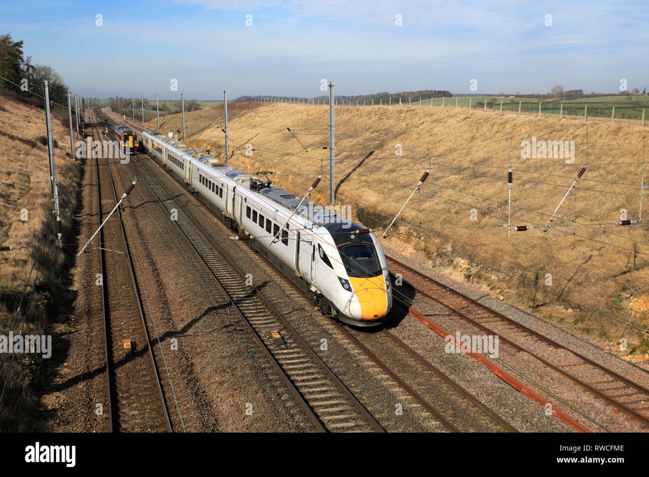 LNER Azuma train, Class 800, East Coast Main Line Railway, near Carlby ...