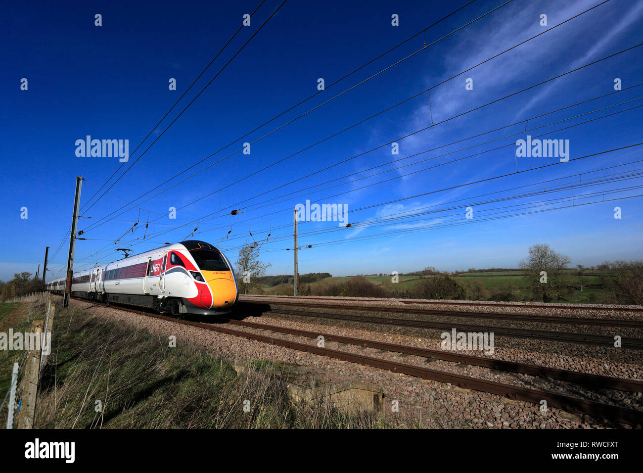 LNER Azuma train, Class 800, East Coast Main Line Railway, near Carlby ...