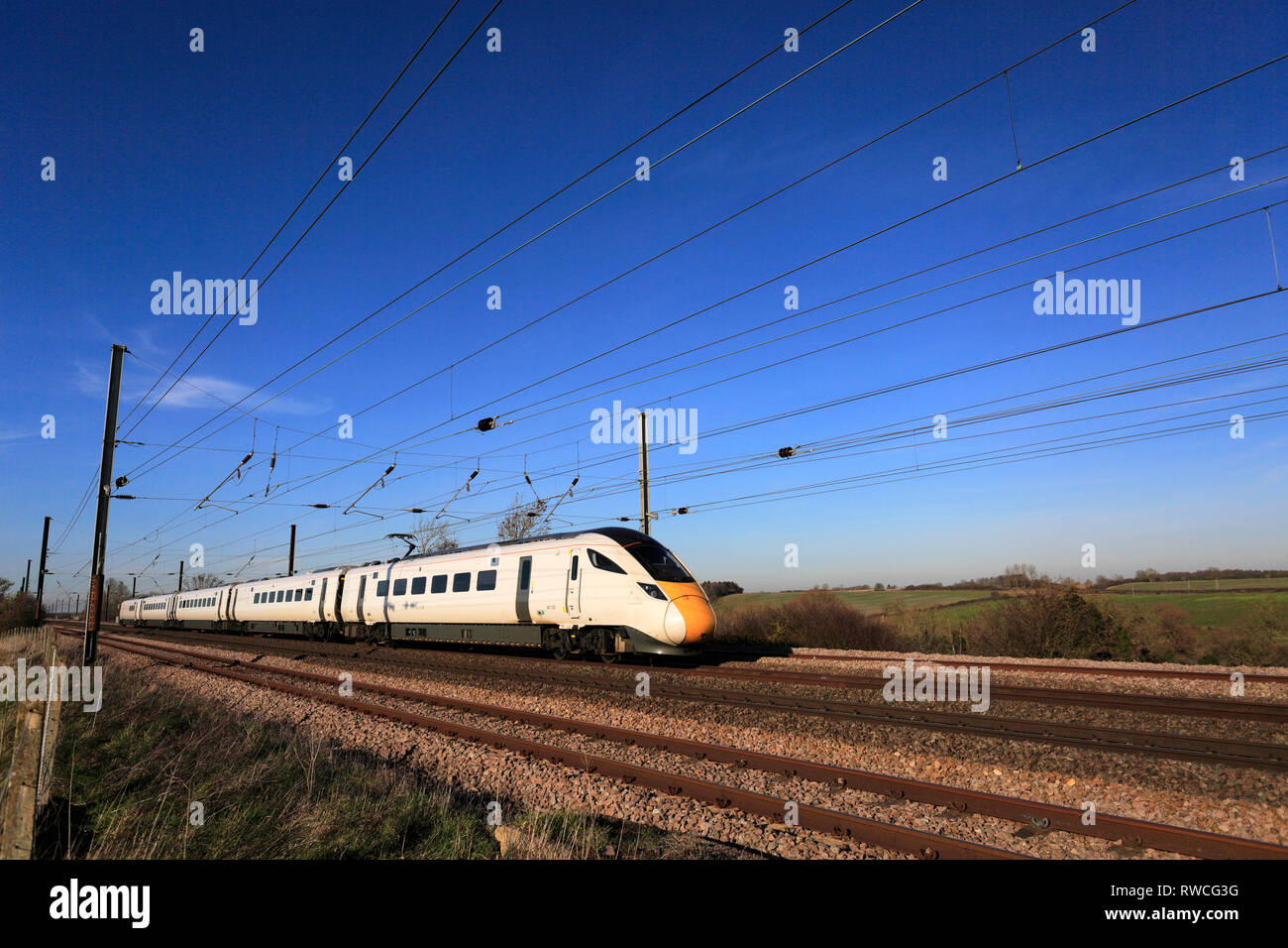 LNER Azuma train, Class 800, East Coast Main Line Railway, near Carlby ...
