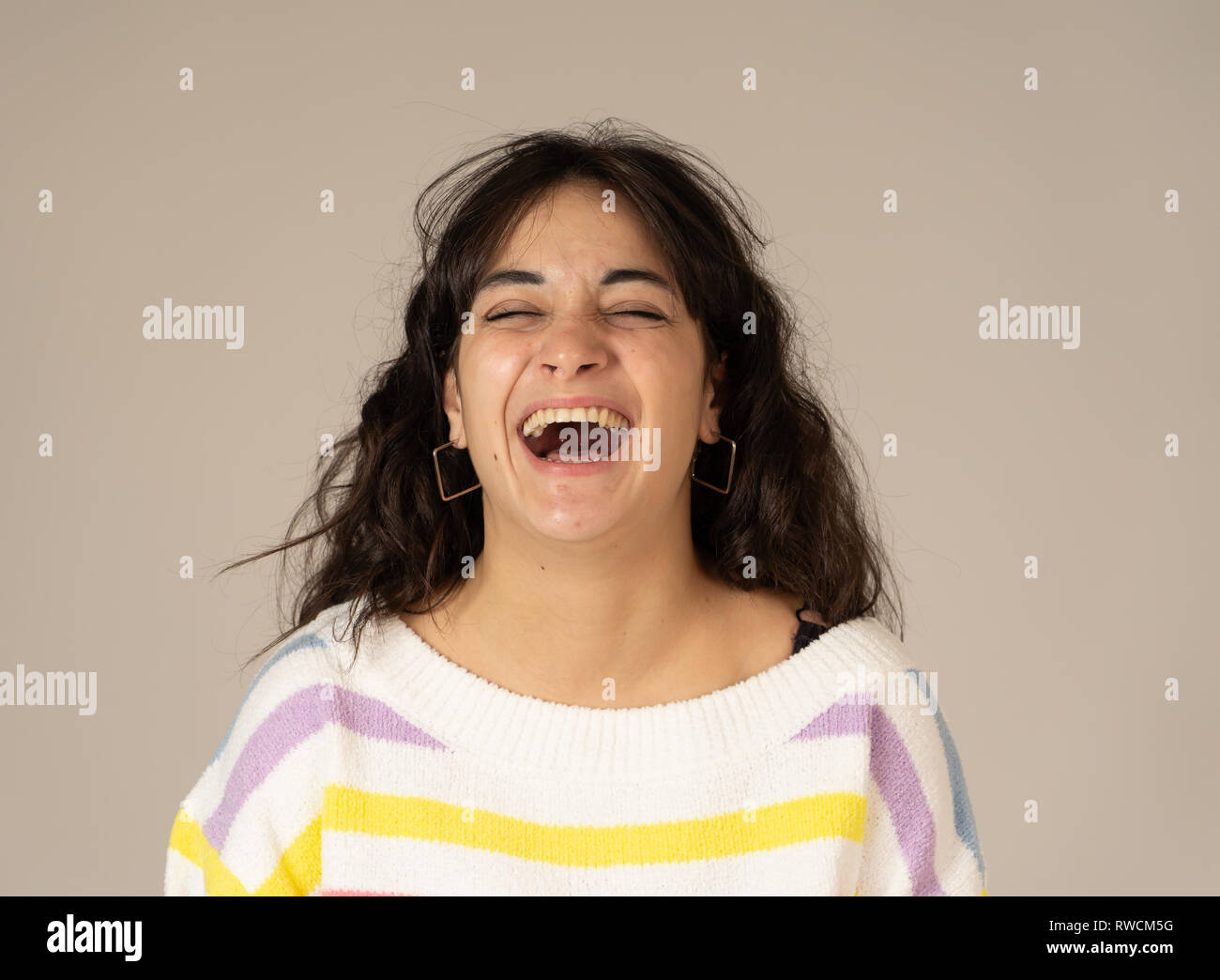 Close up portrait of attractive young caucasian woman with happy face ...