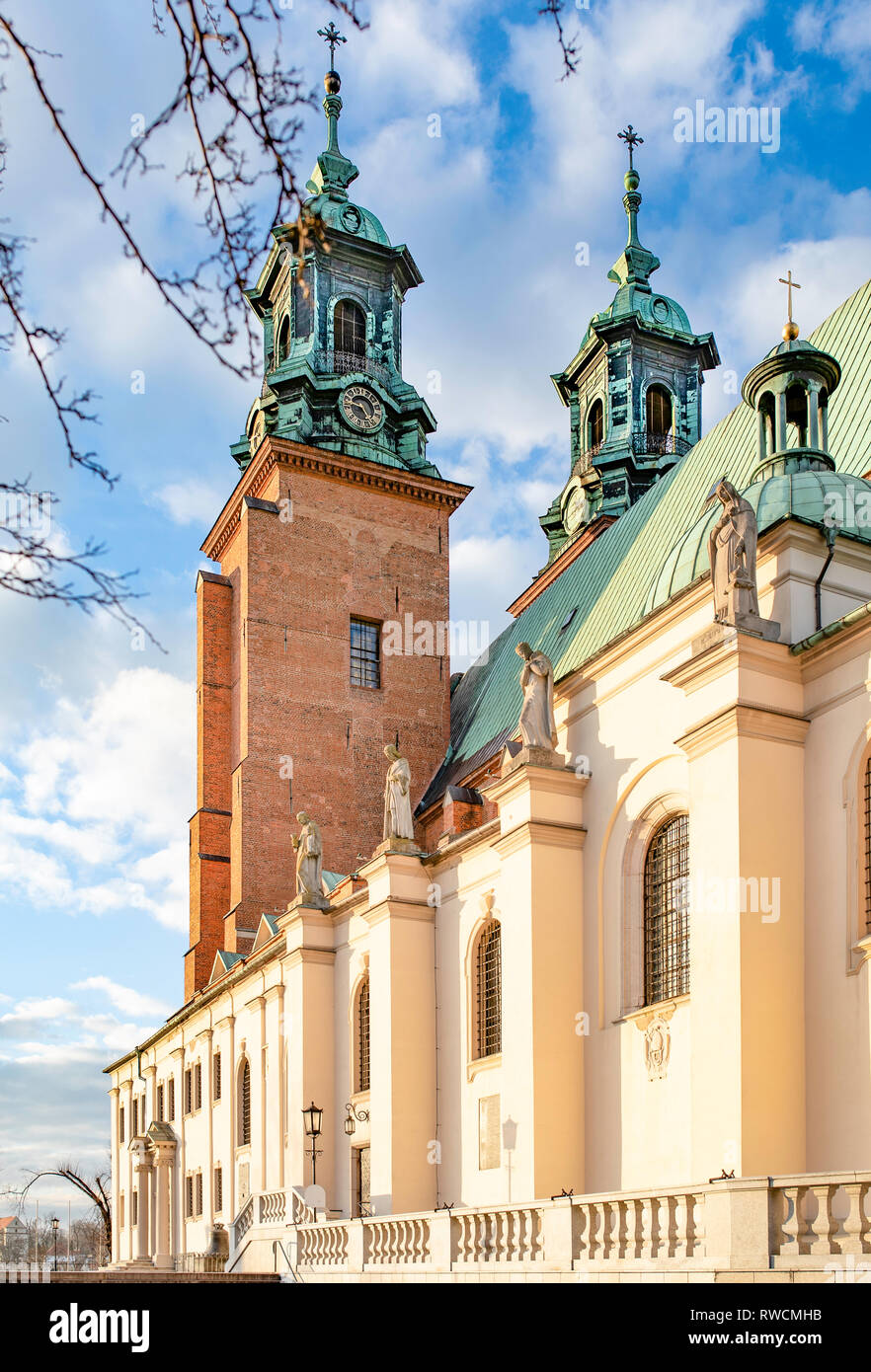 Gniezno - cityscape, view to the gothic cathedral. Medieval ...