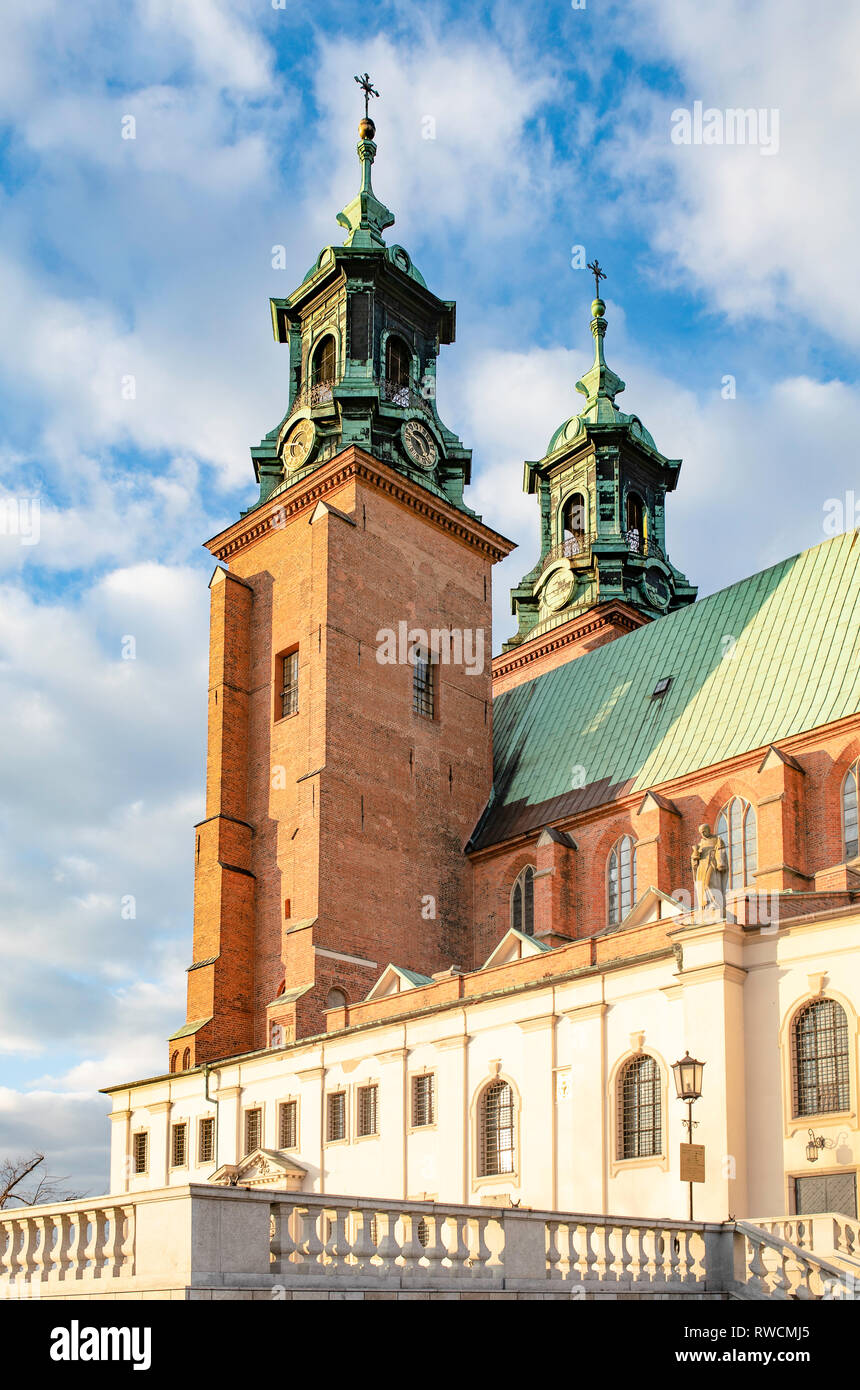 Gniezno - cityscape, view to the gothic cathedral. Medieval ...