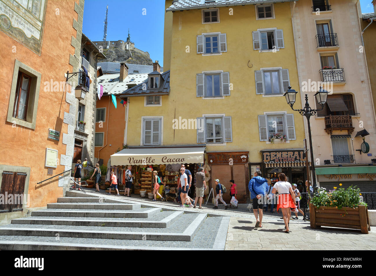 Street in the Old Town of Briancon, the highest town in France ...