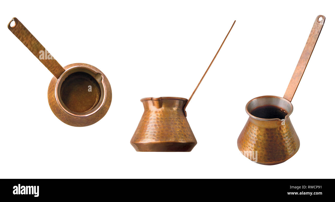 Old copper Turk, coffee maker, coffee making pot at different angles ...