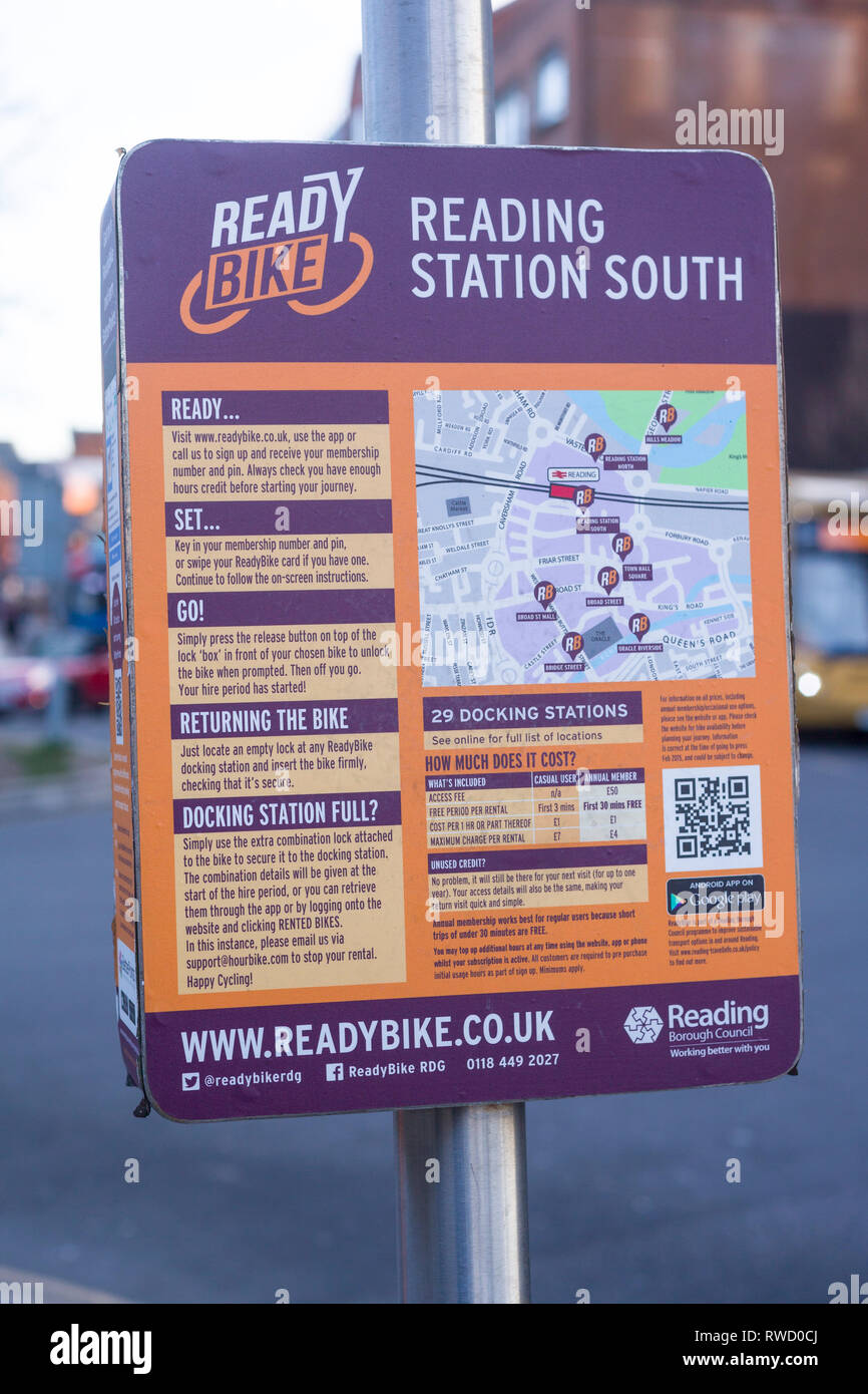 A sign advertising the "ReadyBike" bicycle hire scheme in Reading ...