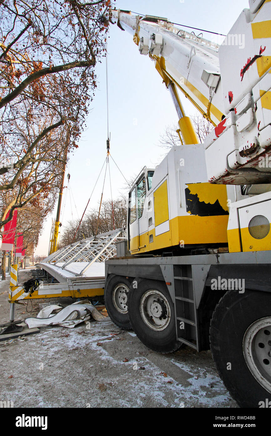 Crane Truck Lifting Stell Structure at Construction Site Stock Photo ...