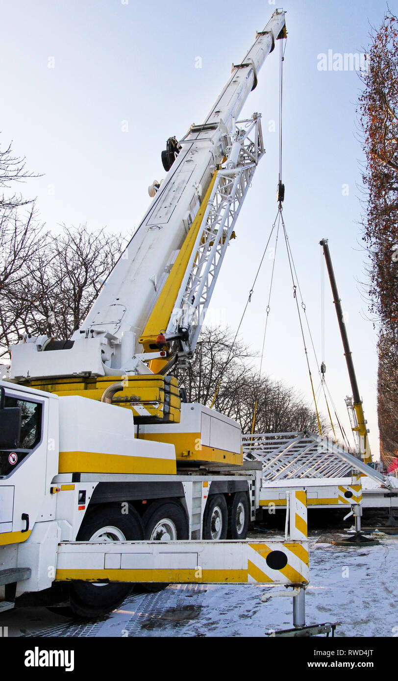 Crane Truck Lifting Stell Structure at Construction Site Stock Photo ...