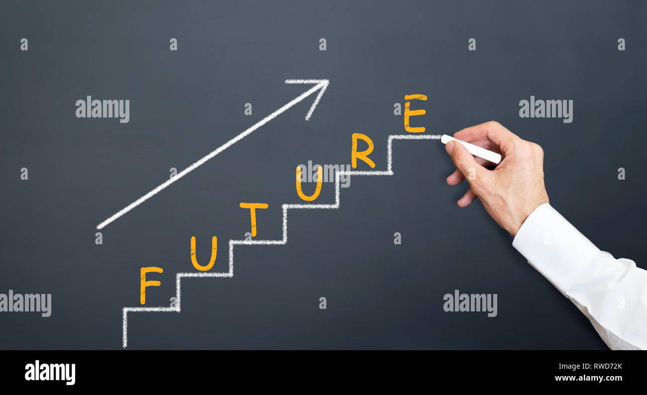 man drawing future stairs on blackboard with chalk Stock Photo - Alamy