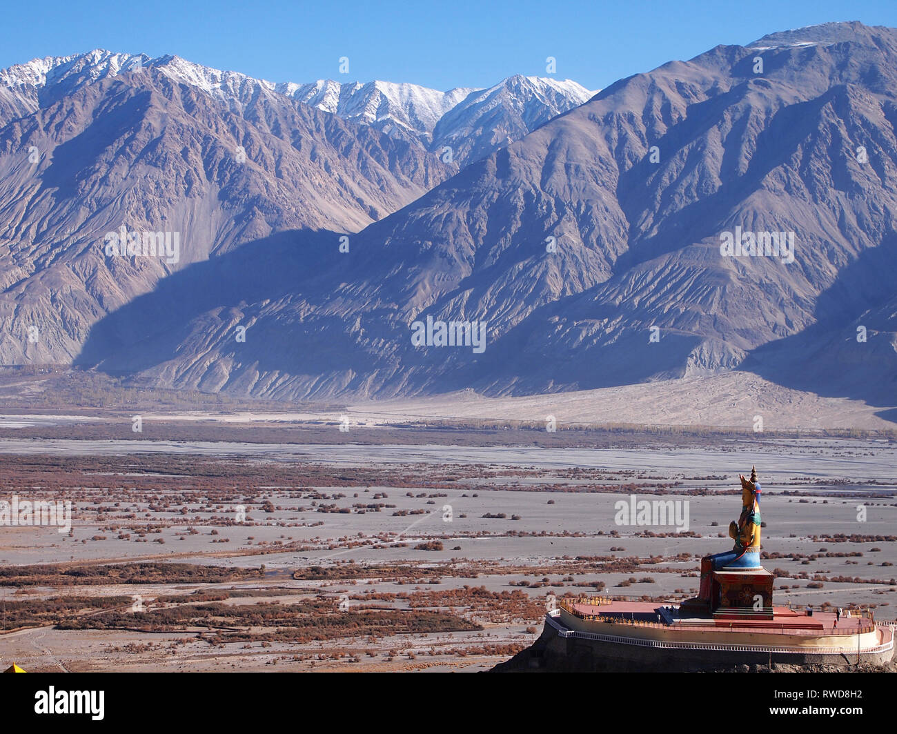 Diskit Gompa giant Maitreya Buddha statue, seen from the roof of the ...