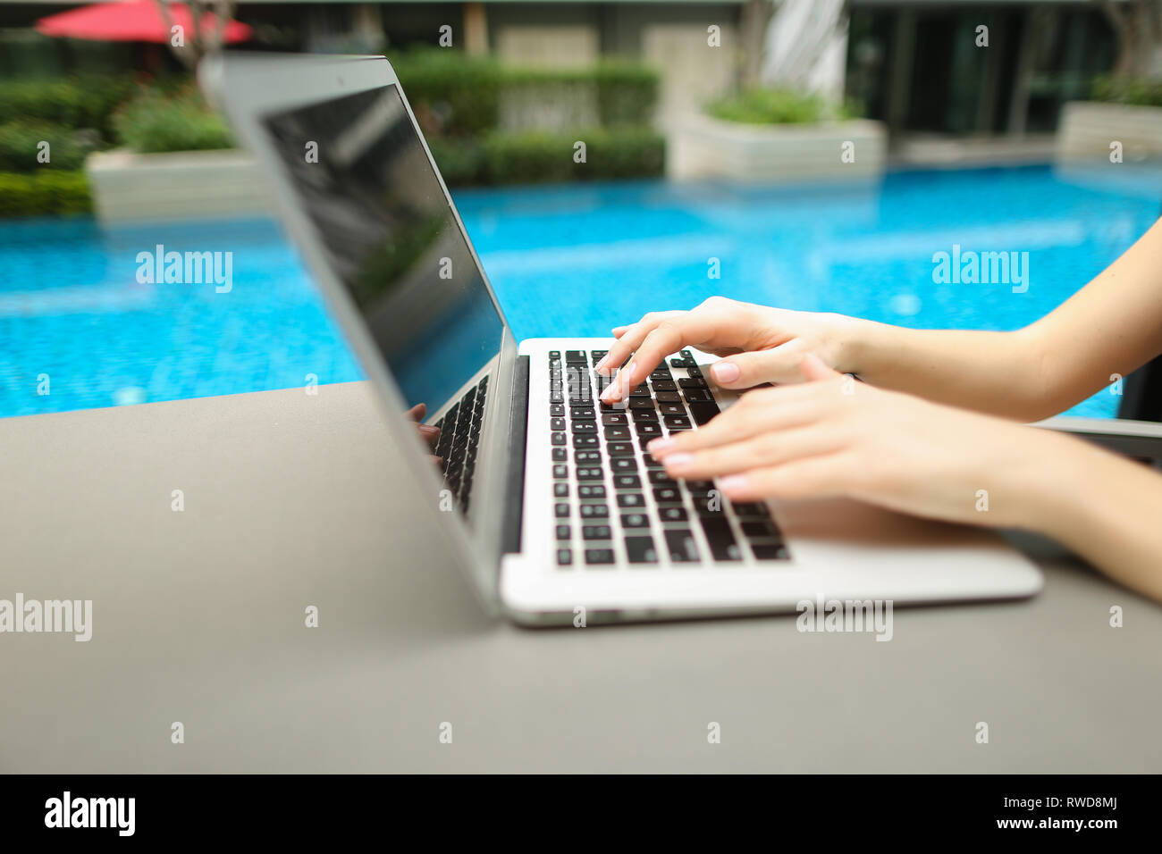 close up woman hands pressing keyboard on laptop sunny day swimm Stock ...