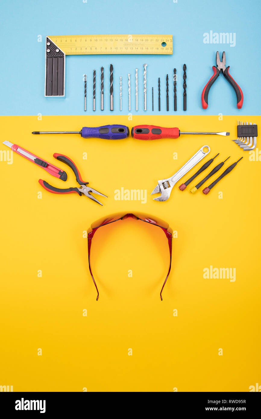 set of metalwork tools on colorful background Stock Photo - Alamy