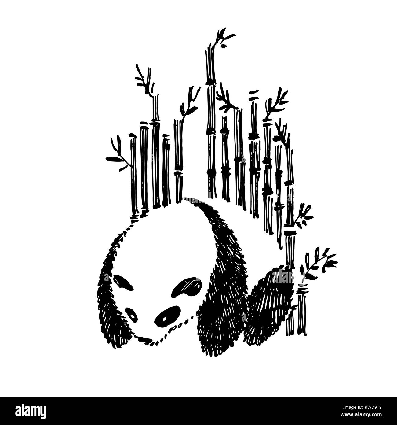 Cute panda in graphic style with bamboo. Ink hand drawn illustration ...