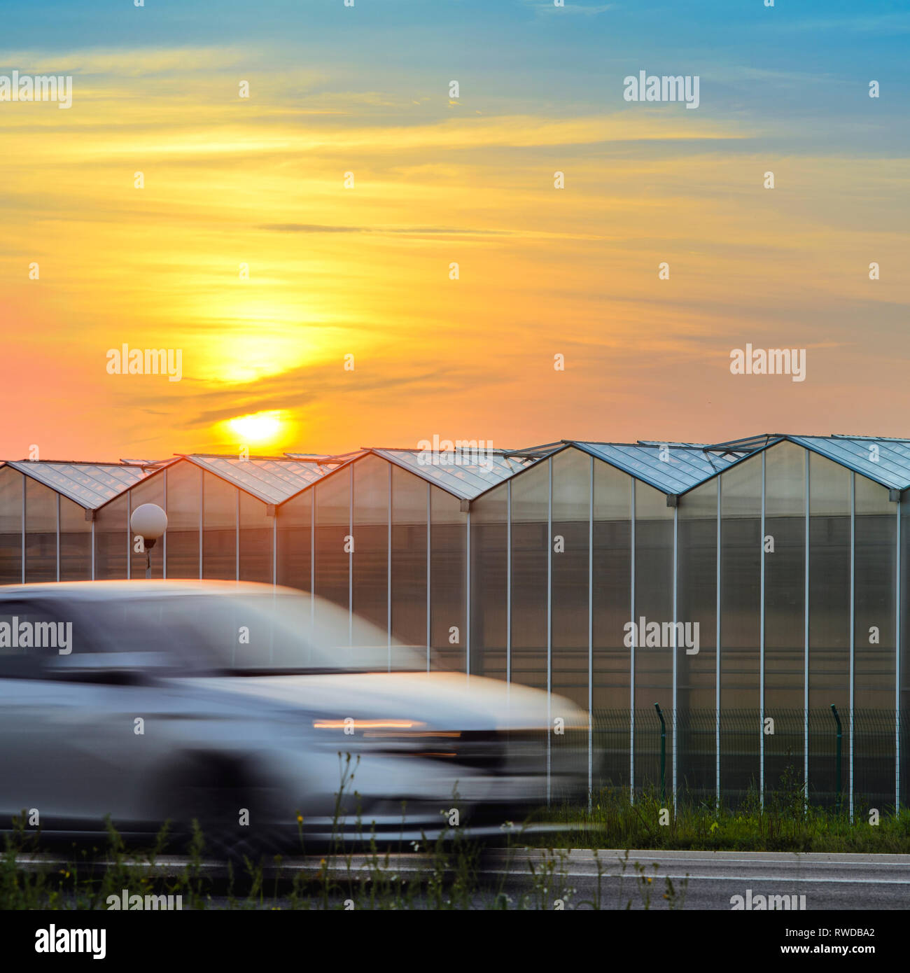 Suburban Highway Near the Greenhouse Plant at Sunset. Driving Cars ...