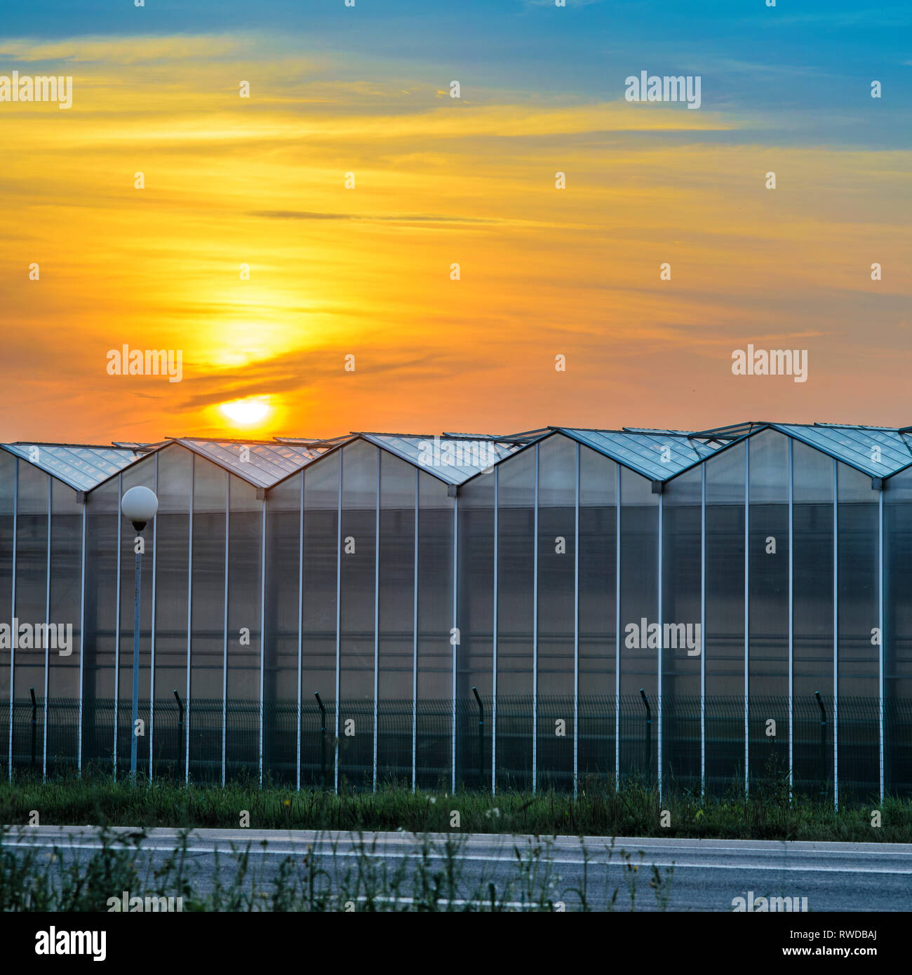Large Industrial Greenhouse at Sunset. Gorgeous Sunset Red and Orange ...
