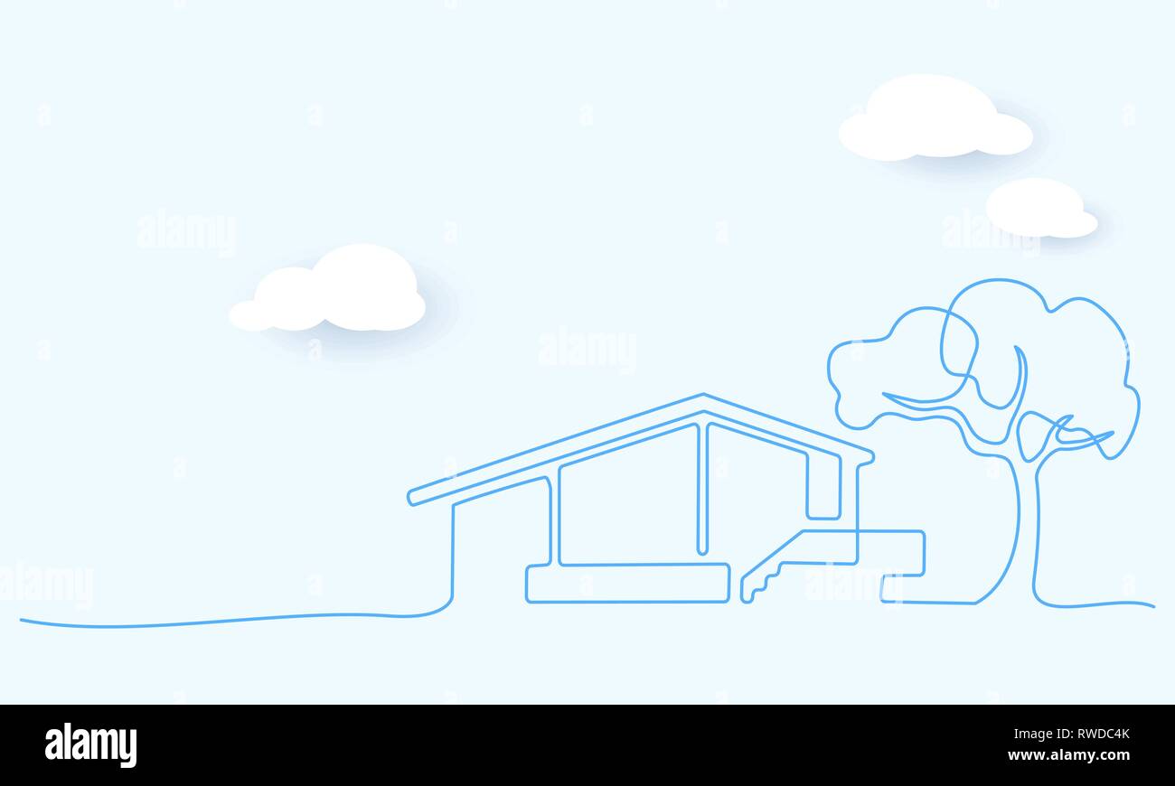 Continuous one line drawing. Modern house with tree, building ...
