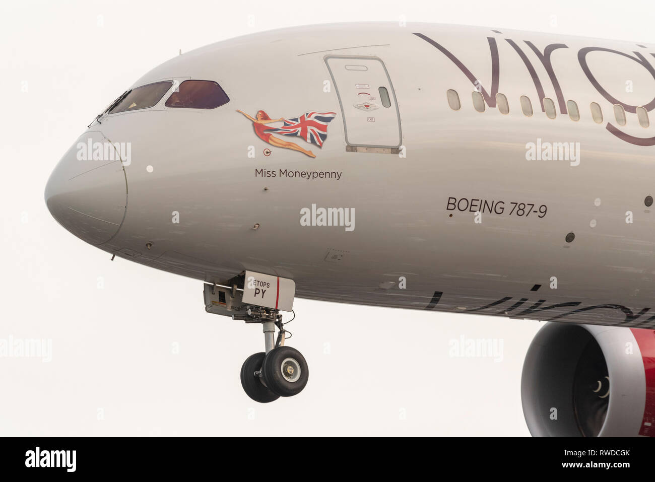 Nose of Virgin Atlantic Boeing 787 Dreamliner airliner plane named Miss ...