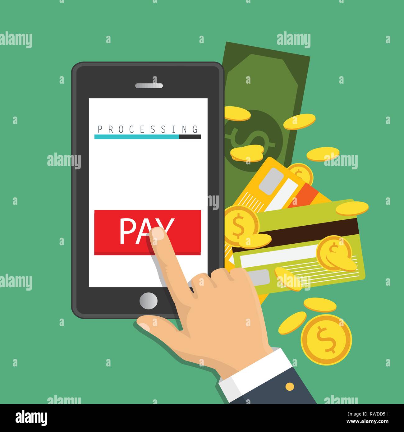 Mobile payment concept. Hand holding a phone. Smartphone wireless money transfer. Flat design ...