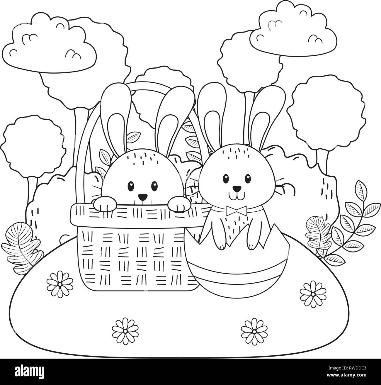 little rabbits in basket on the garden Stock Vector Image & Art - Alamy