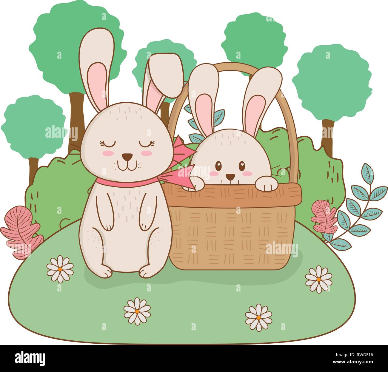 little rabbits in basket on the garden Stock Vector Image & Art - Alamy