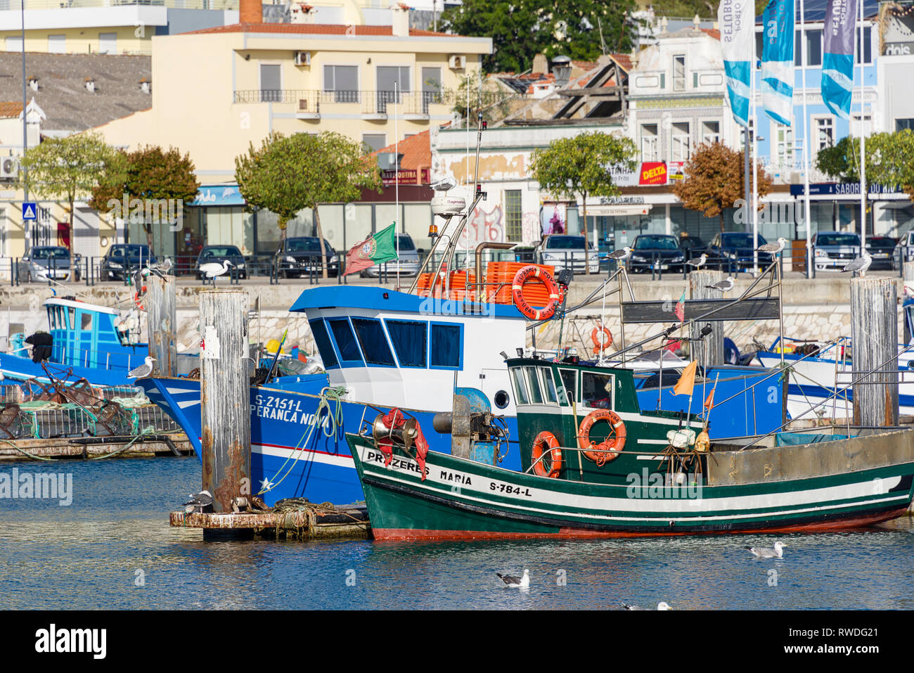 Fishermen`s traditional boats in the fishing port of Setubal, Portugal ...