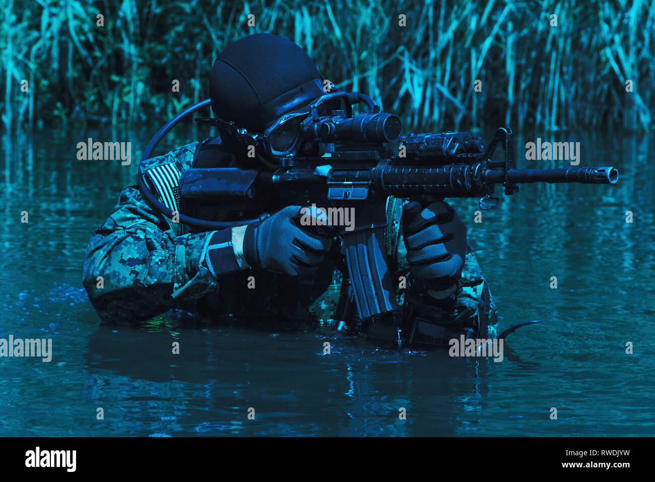 Frogman with complete diving gear and weapons in the water Stock Photo ...
