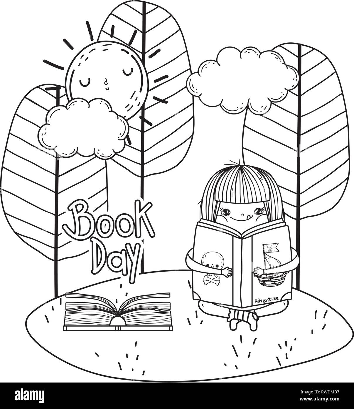 girl reading book with sun kawaii in the field Stock Vector Image & Art ...