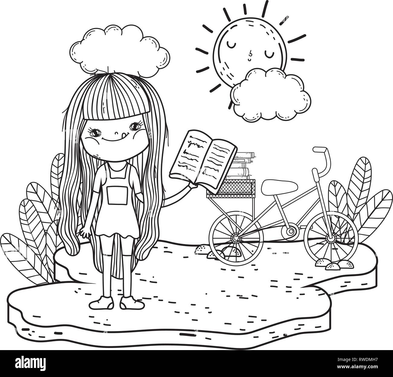 girl reading book with sun kawaii in the field Stock Vector Image & Art ...