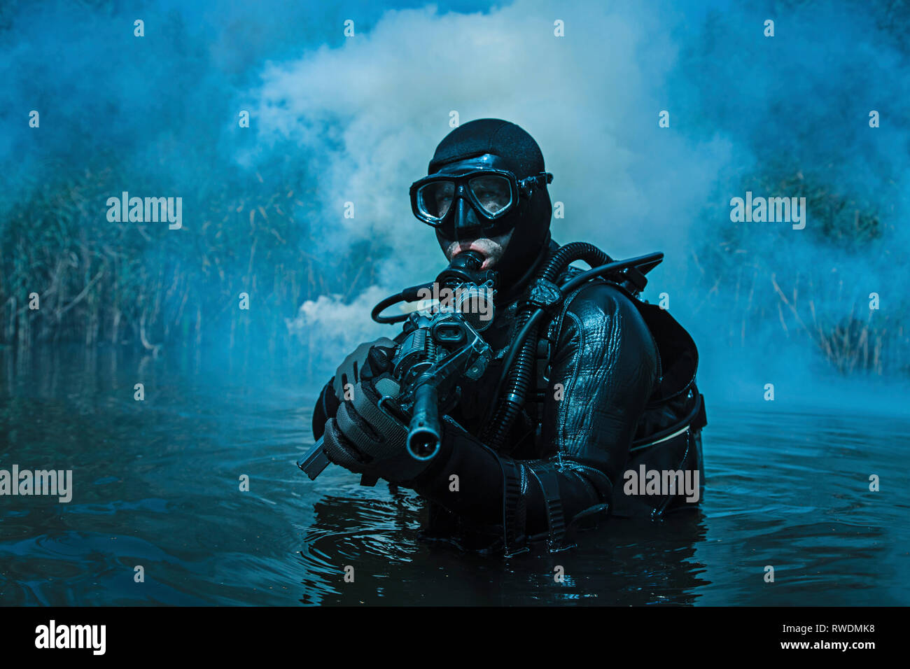 Frogman with complete diving gear and weapons in the water Stock Photo ...