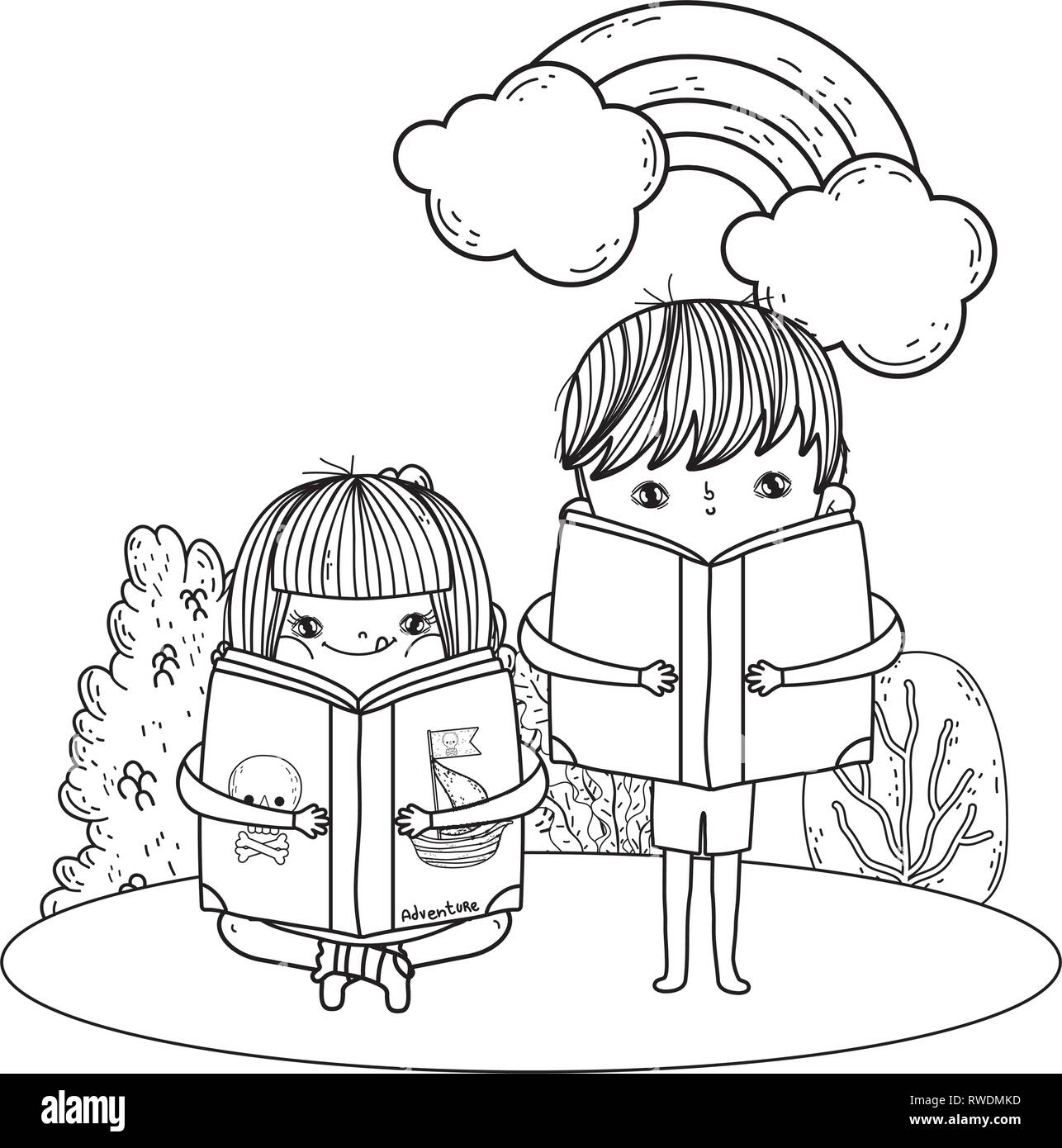 happy little kids reading books in the landscape Stock Vector Image ...