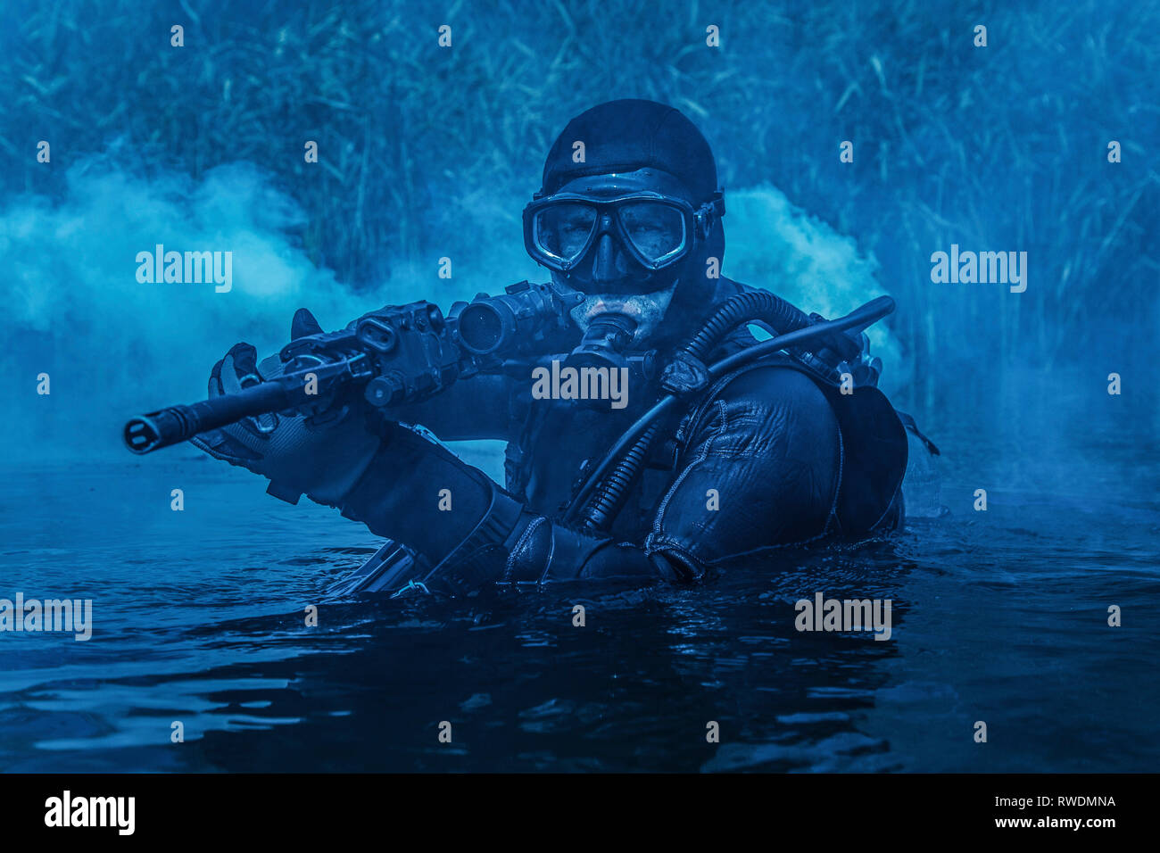 Frogman with complete diving gear and weapons in the water Stock Photo ...