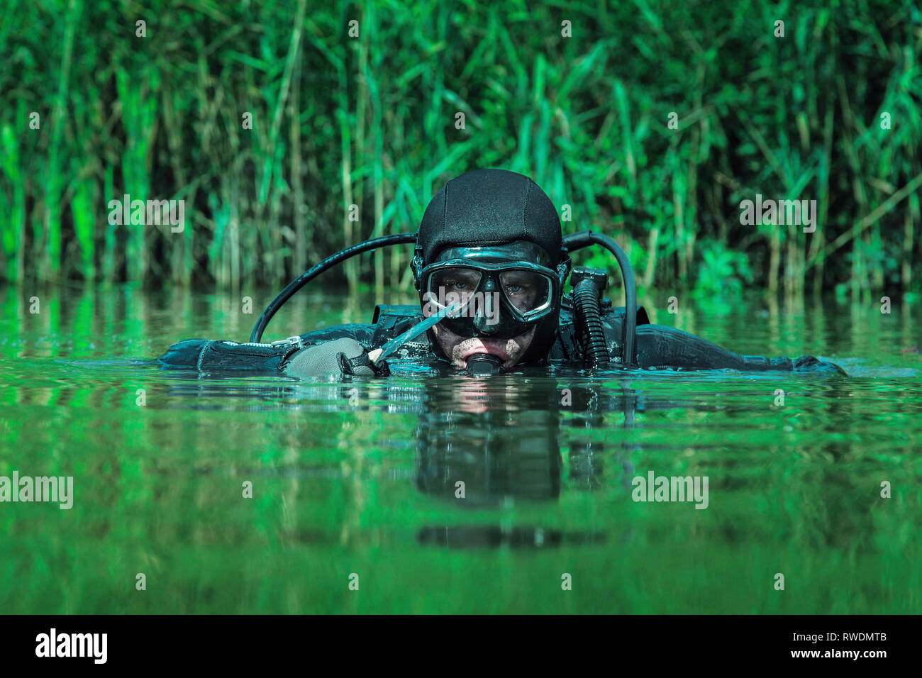 Frogman with complete diving gear and weapons in the water Stock Photo ...
