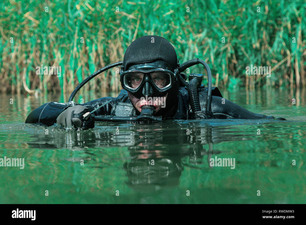 Frogman with complete diving gear and weapons in the water Stock Photo ...