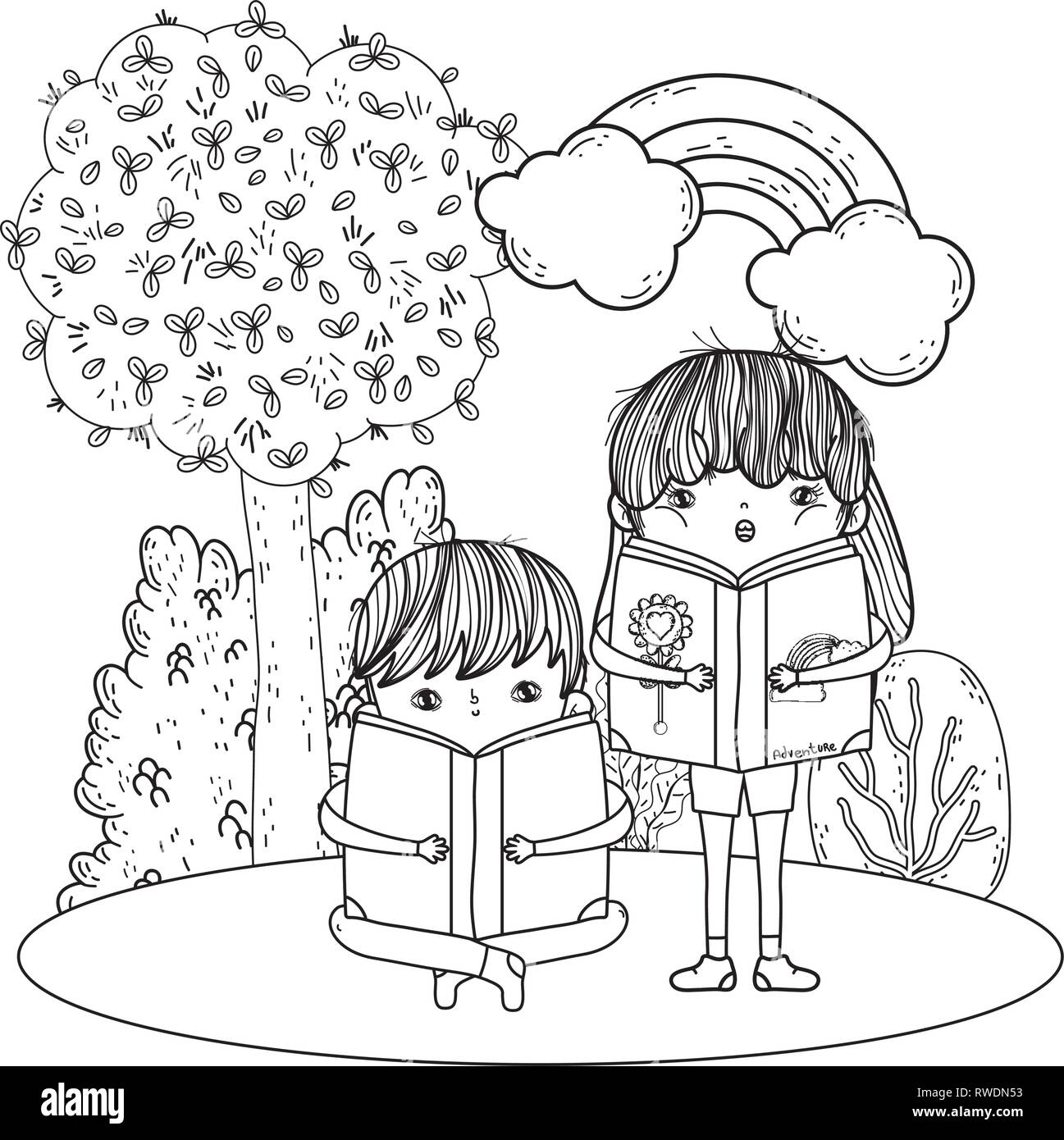 happy little kids reading books in the landscape Stock Vector Image ...